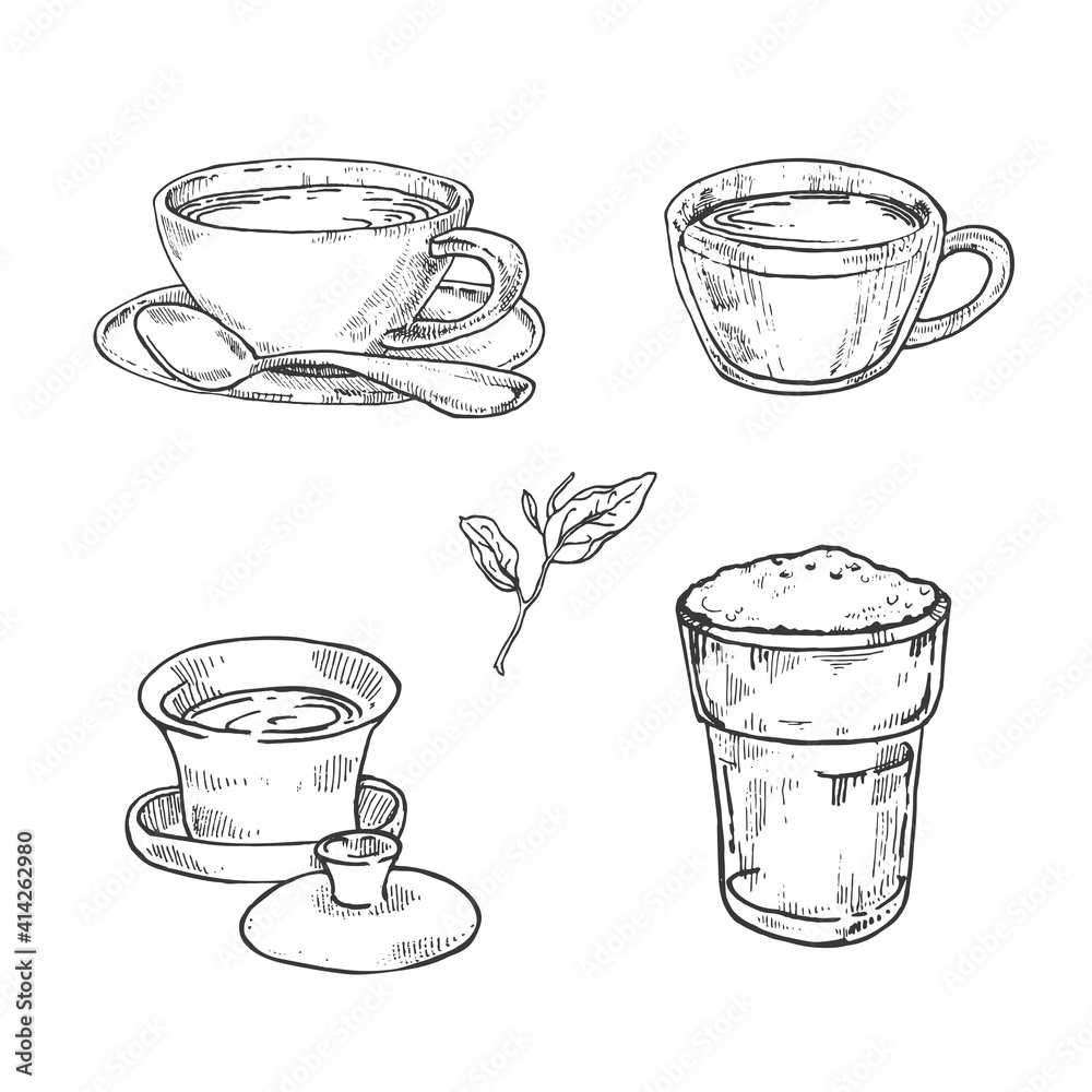 Hand drawn vector illustration of matcha, green tea cups, leaves ...