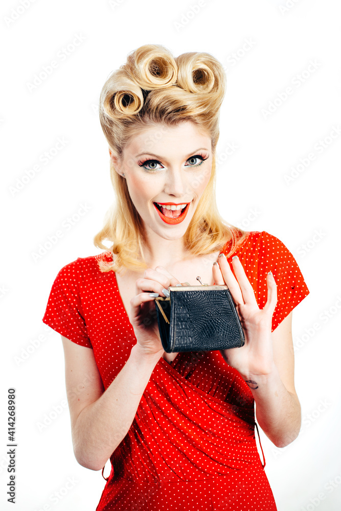 Savings concept. Retro pinup woman money saving in moneybox. Pin up ...