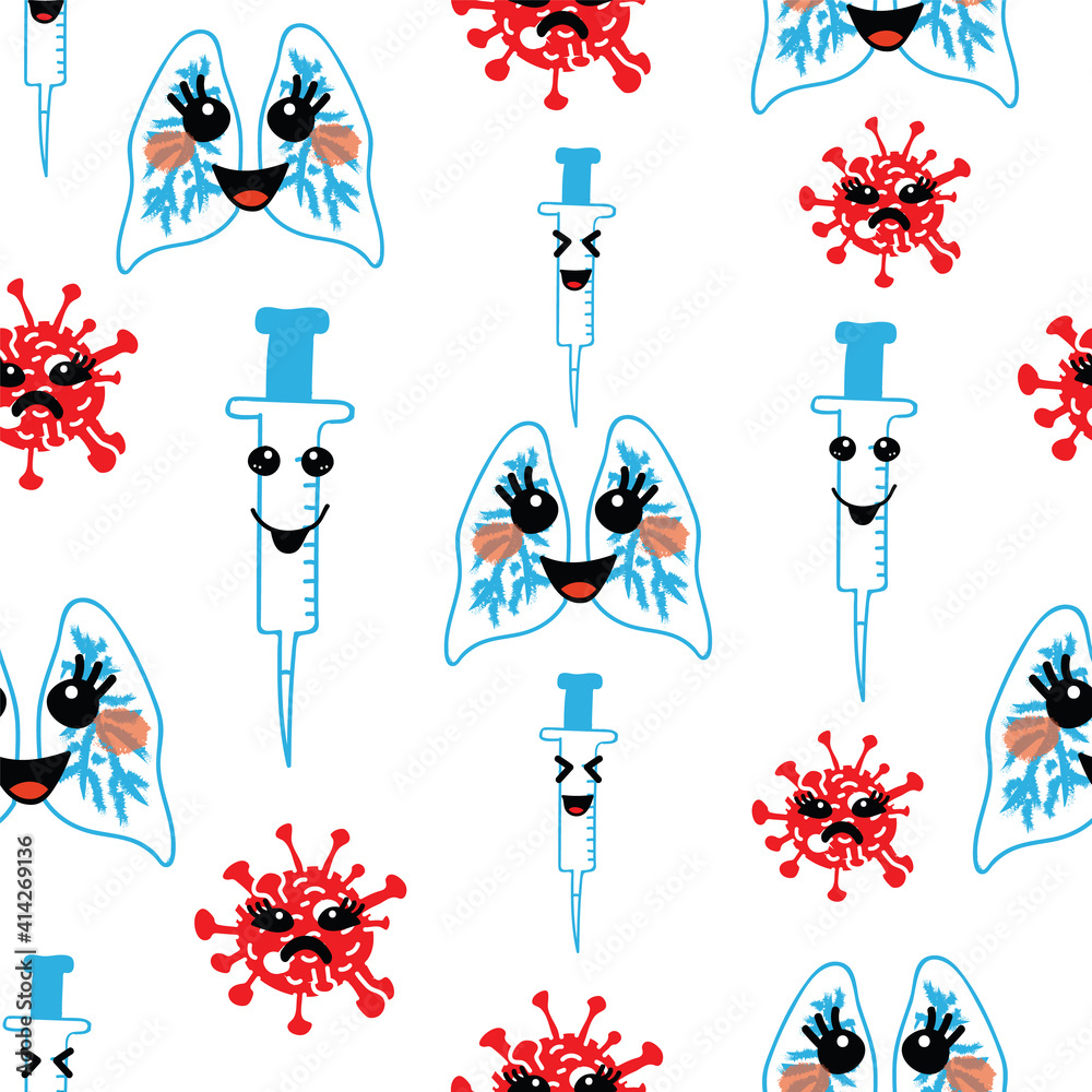 Vector seamless pattern, kawai kawaii unhappy coronavirus, happy ...
