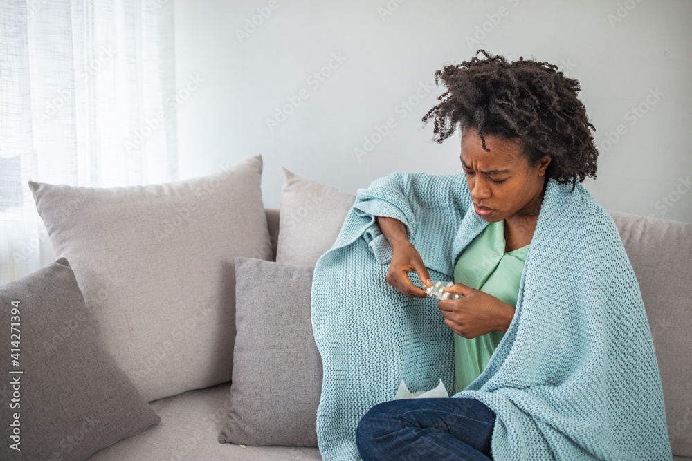 Woman with flu in bed, she use home medicine to handle sickness. Sick ...