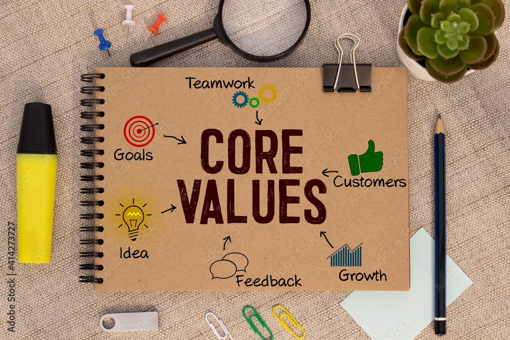 Notebook with text inside Core Values on table with coffee, laptop and ...