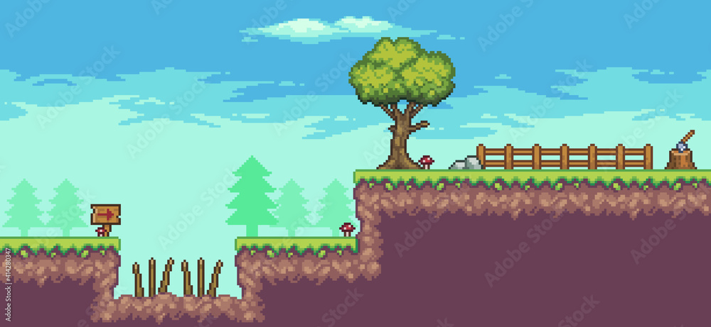 Pixel art arcade game scene with trees, fence, thorns, clouds, stones ...