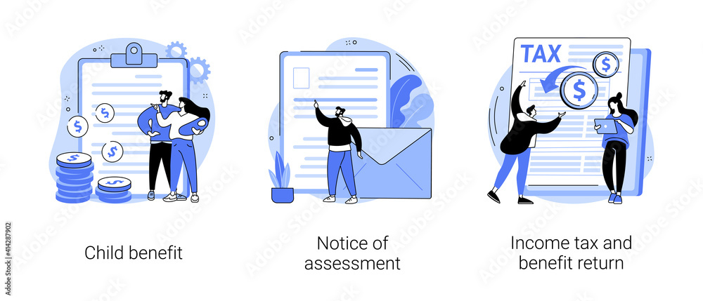 Income year abstract concept vector illustration set. Child benefit ...