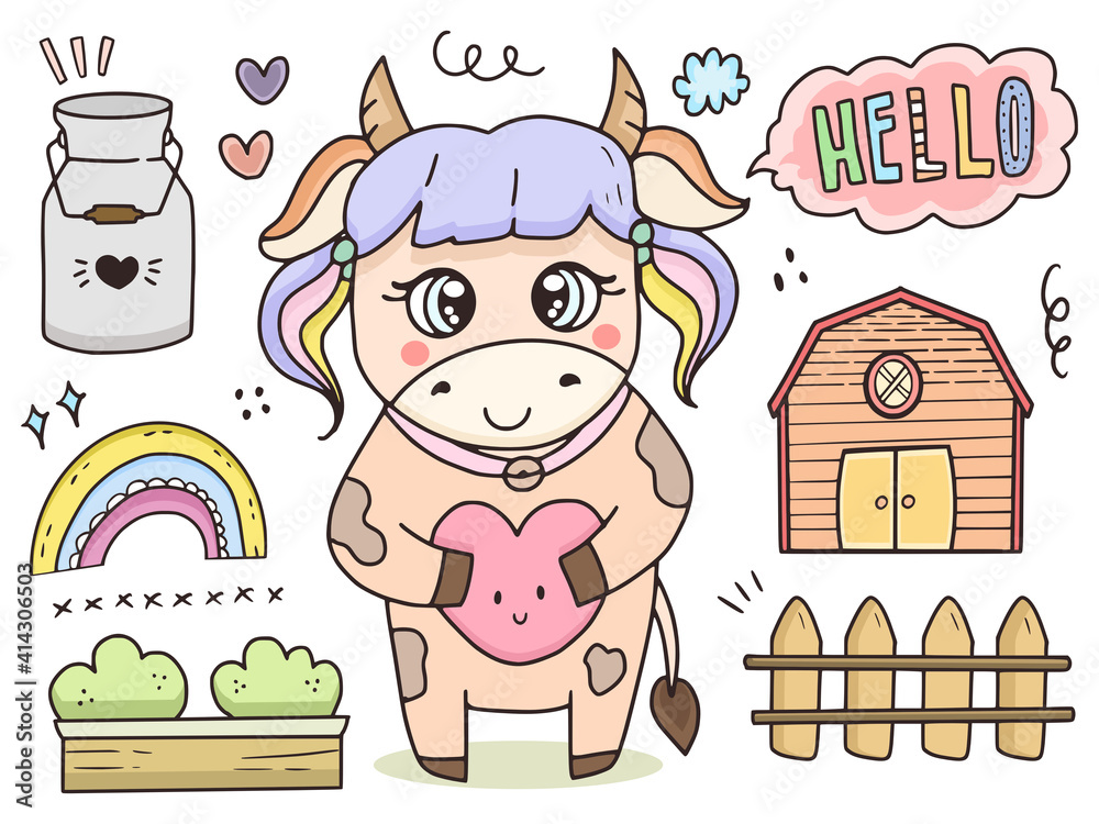 Cute Cow animal doodle drawing illustration cartoon for kids collection ...