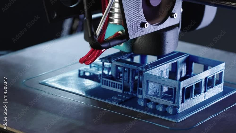 Zoom in close up of 3d Printer printing blue house shot in 4k Stock ...