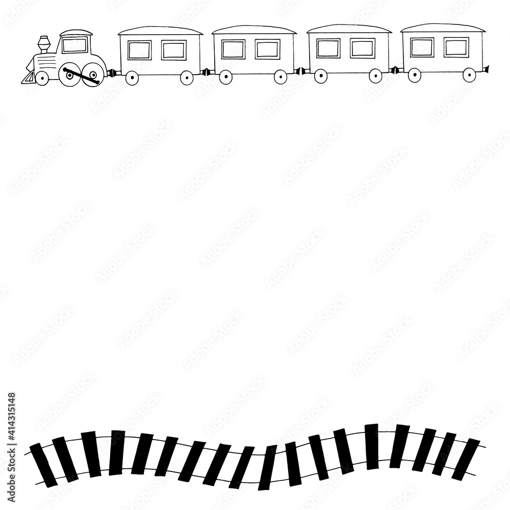 steam locomotive, carriage and railroad frame, border. sketch hand ...