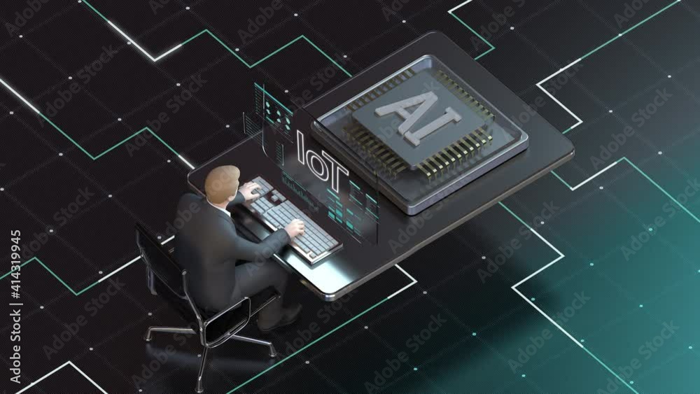 Businessman operates Artificial Intelligence cpu chip at a desk through ...