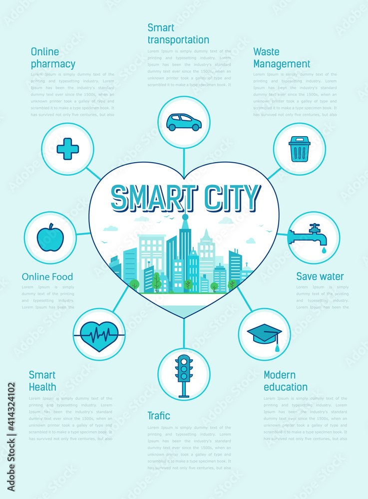 Smart city infographics. Smart city in heart. Vector infographics ...