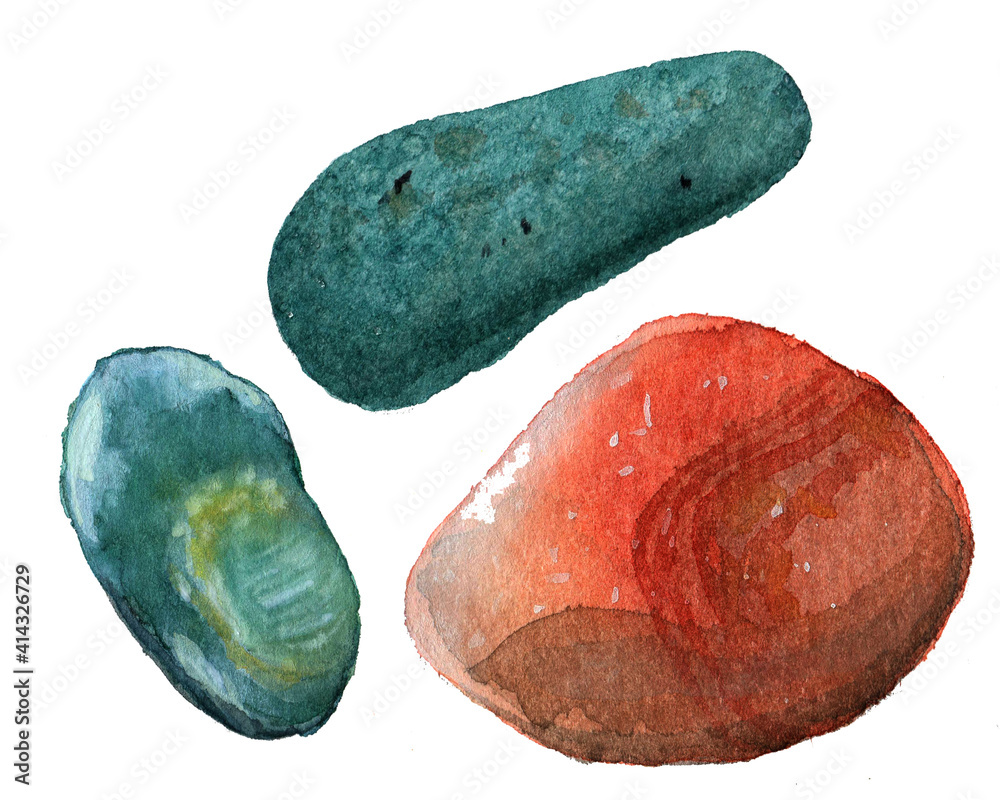 Watercolor sea pebbles set, geology, blue, turquoise stones. Natural ...