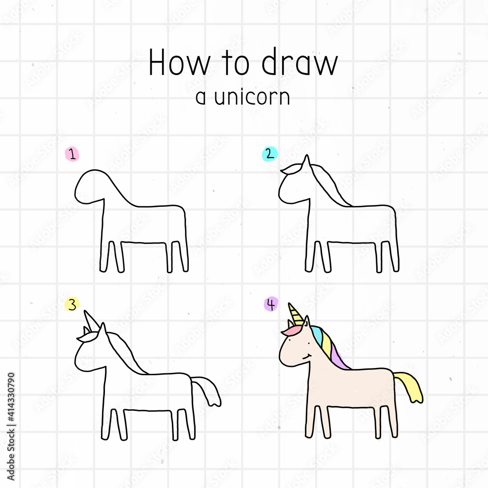 How to draw a unicorn doodle tutorial vector Stock Vector | Adobe Stock