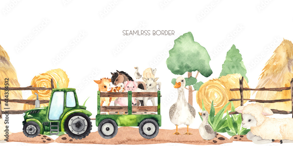 Watercolor farm village seamless border with cute little farm animals ...