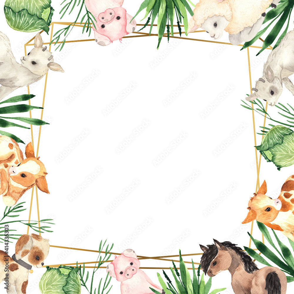 Watercolor farm village frame with cute little farm animals Stock ...