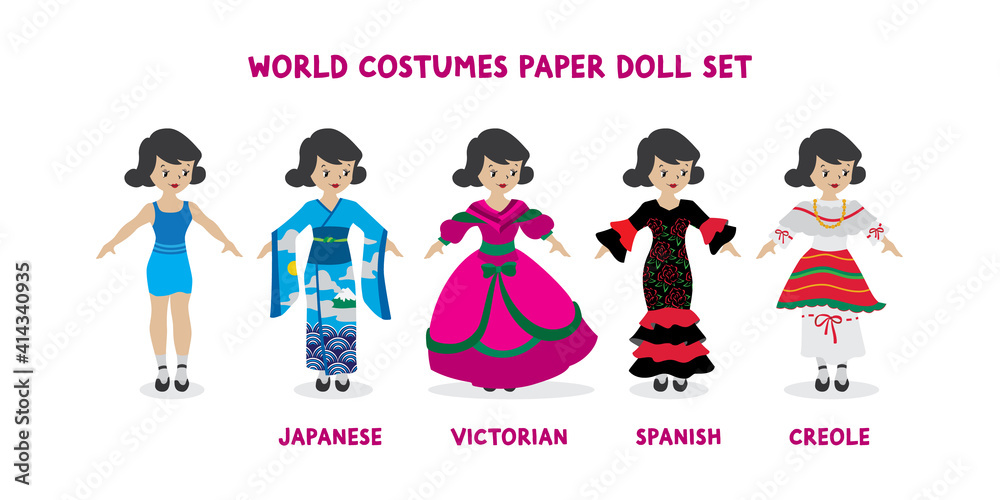 World Costumes Paper Doll Set Stock Vector | Adobe Stock