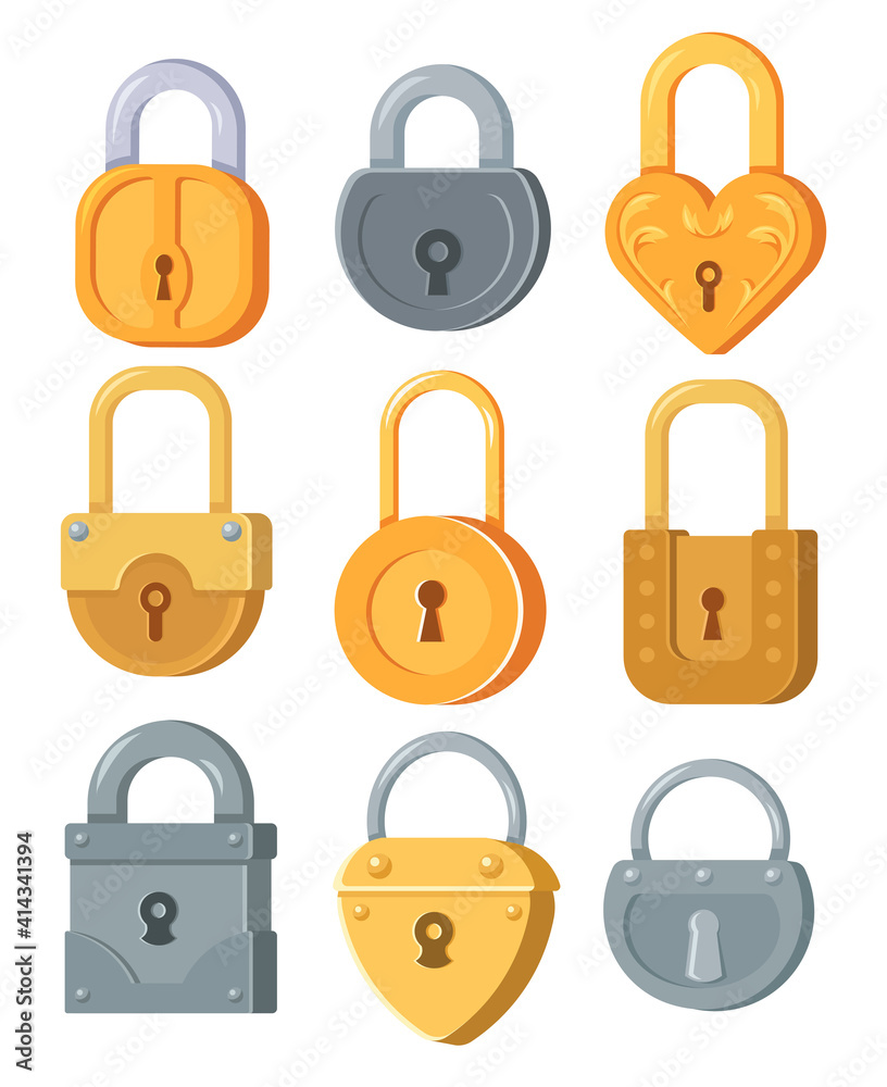 Metal padlocks of different forms flat illustration set. Cartoon lock ...