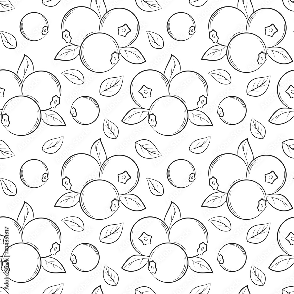 Seamless pattern with blueberries and leaves. Simple black-and-white ...