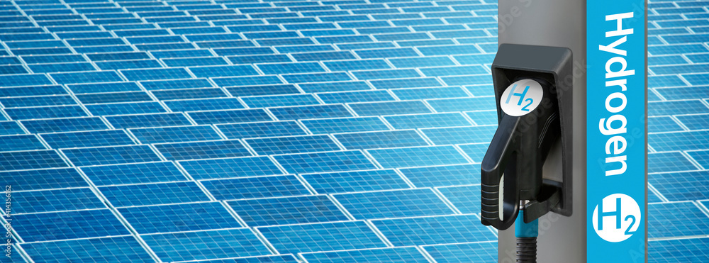 Hydrogen gas station with solar panels in the background. Getting green ...