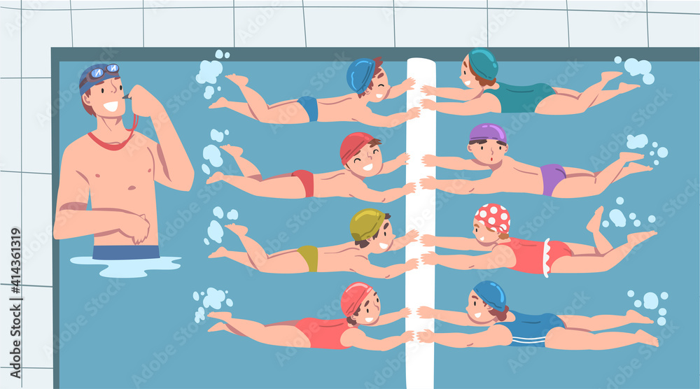 Cute Kids Learning to Swim in Pool, Man Swimming Coach with Whistle ...