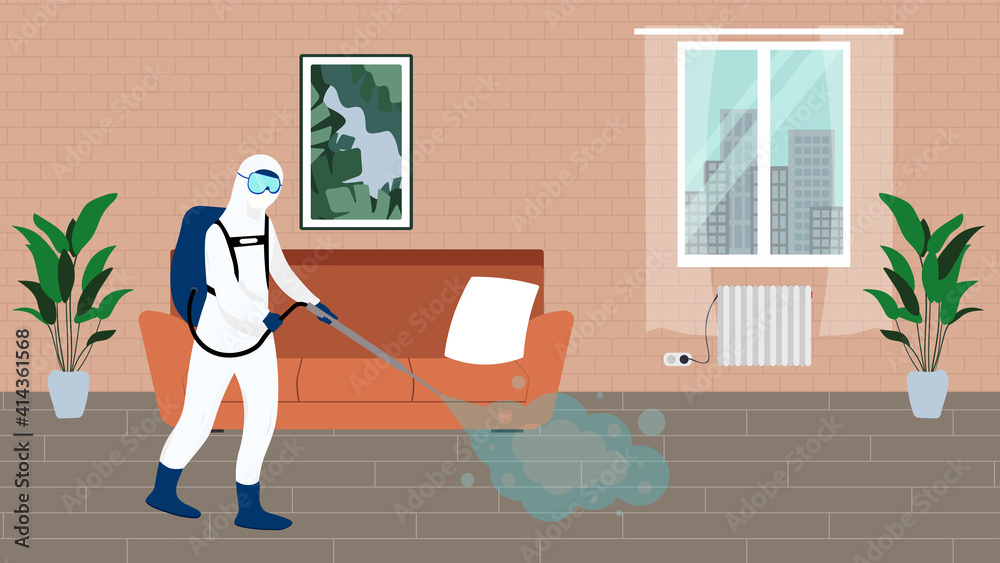 Man in protective suit disinfects living room with spray gun ...