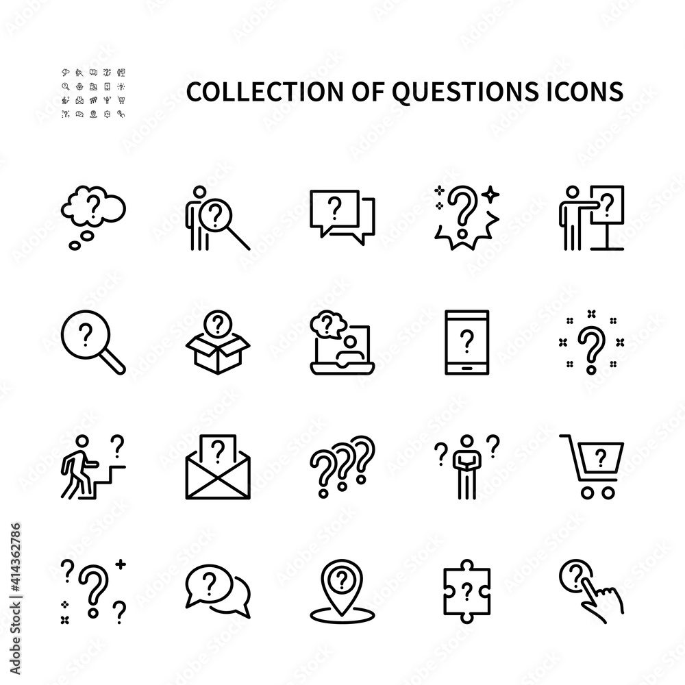Questions and problem ask and think vector linear icons set. Contains ...