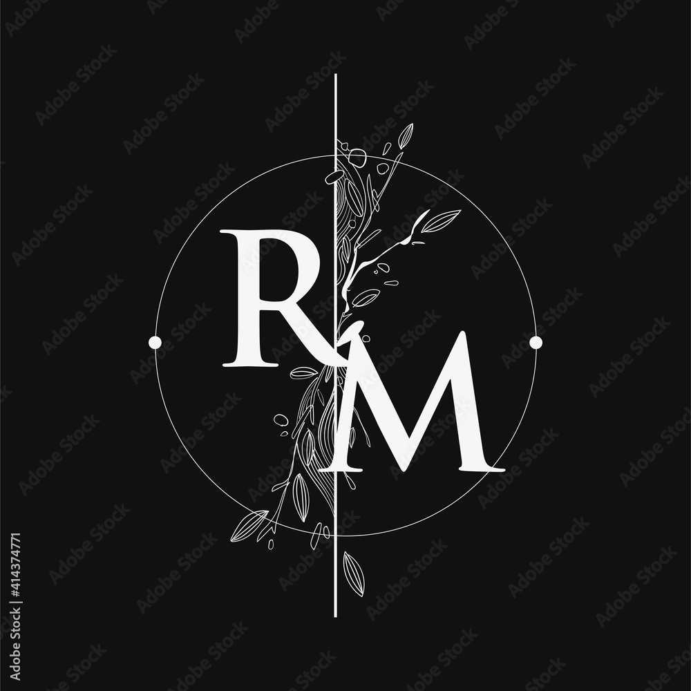 Letter RM Initial Logo with Hand Draw Floral, Initial Wedding Font Logo ...