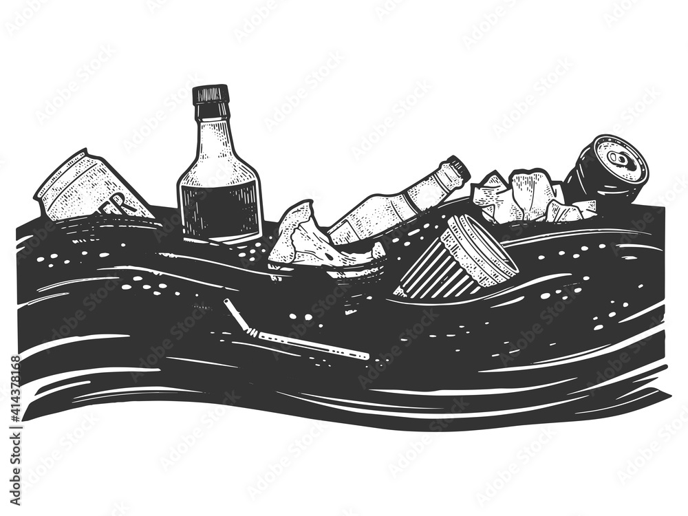 Ocean pollution with garbage in water sketch engraving vector ...