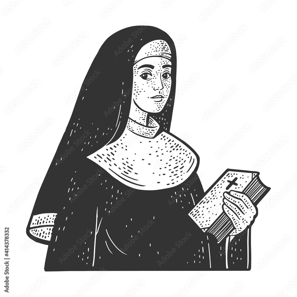Christian sister nun monk sketch engraving vector illustration. T-shirt ...