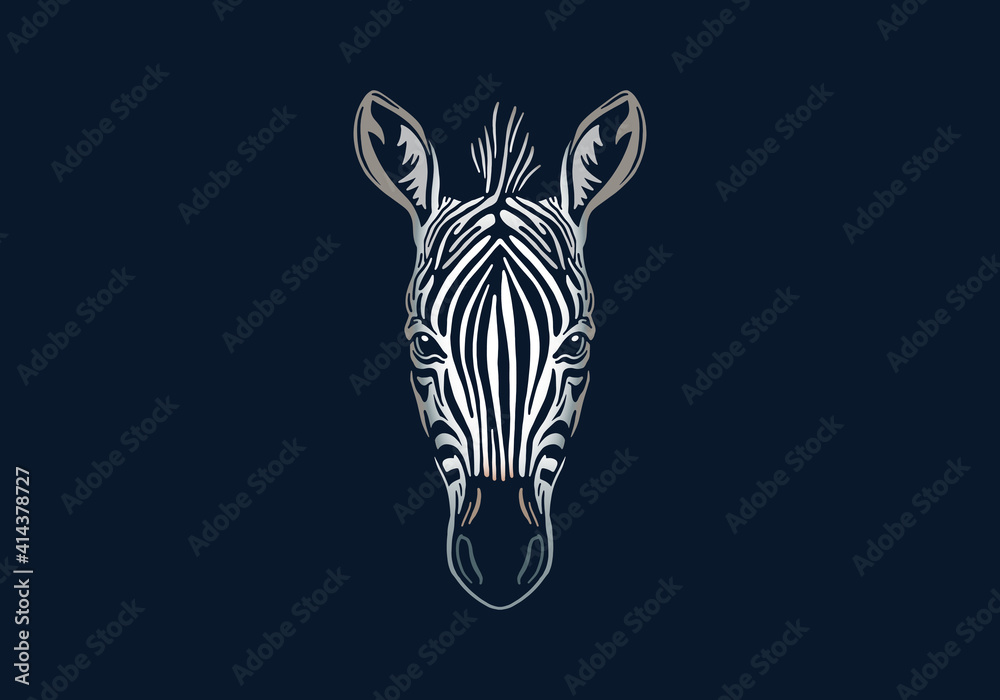 Zebra head illustration, vector, hand drawn, isolated on black ...