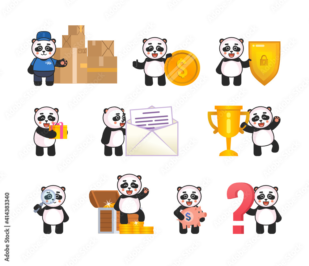 Set of cute panda characters in various situations. Kawaii panda ...