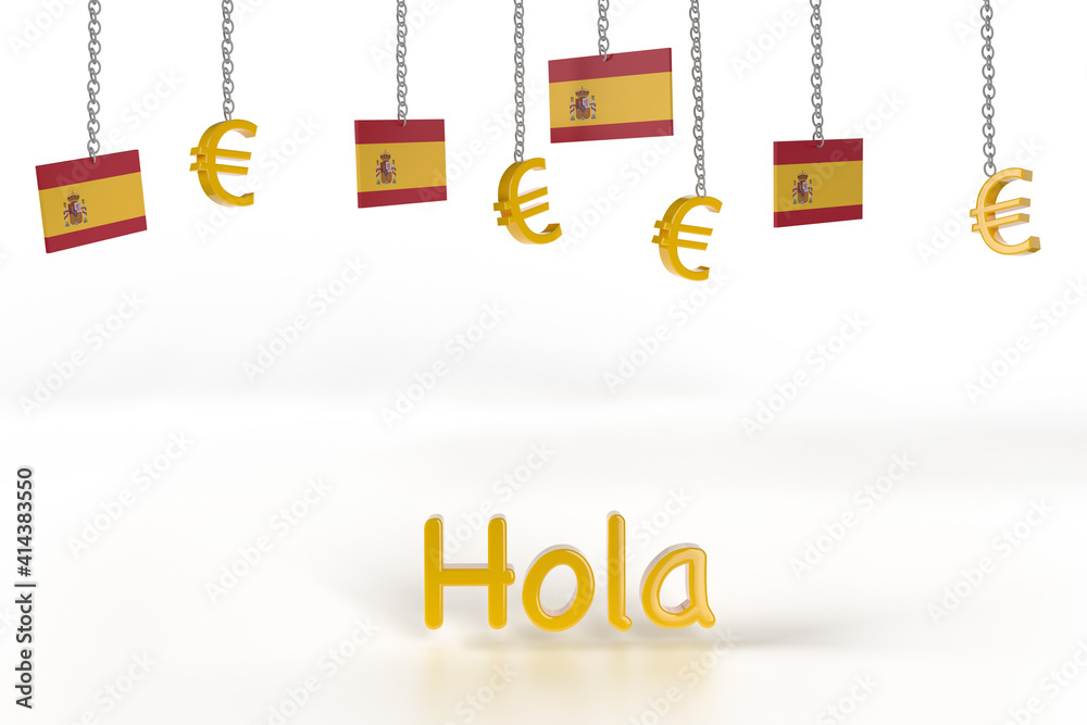 Spain flag and Euro money hang on a chain as a banner for spanish ...