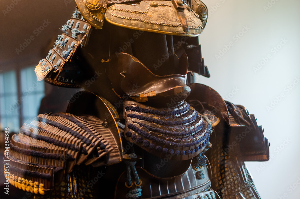 Original medieval japanese samurai armor (yoroi) in the museum. Samurai ...
