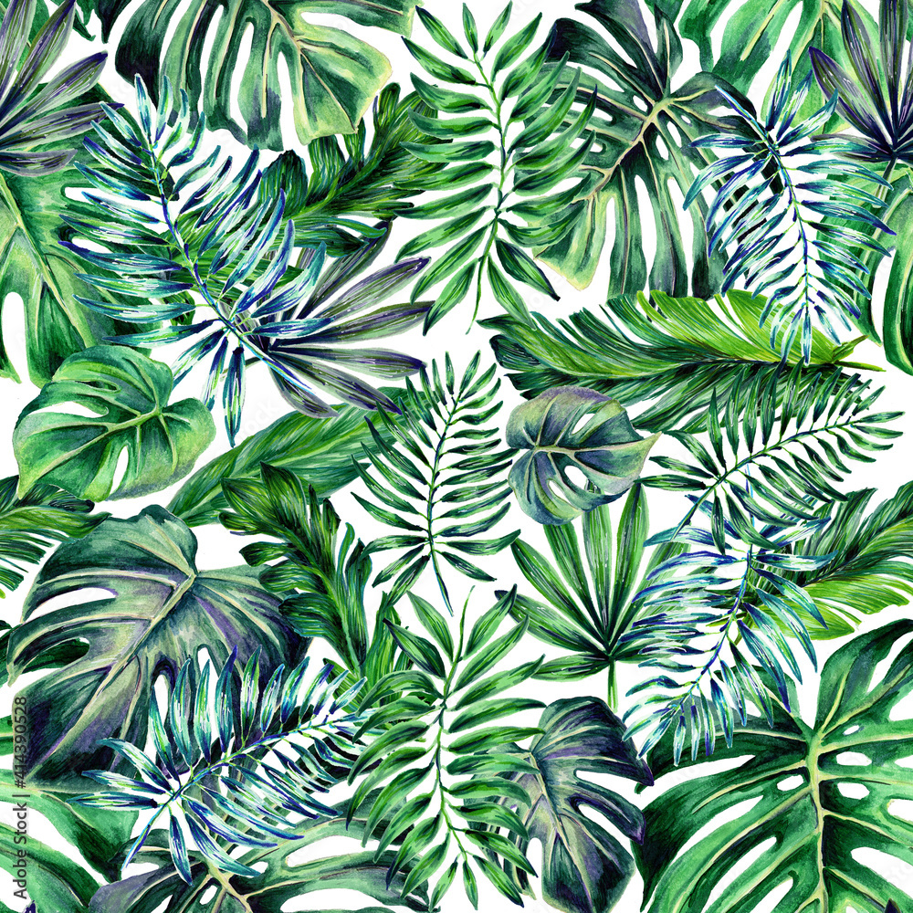 Seamless tropical leaf pattern. Watercolour botanical illustration ...