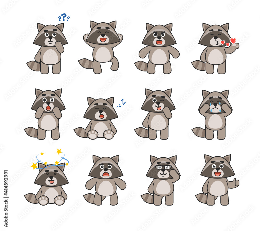 Set of raccoon mascots showing various emotions. Cute raccoon thinking ...