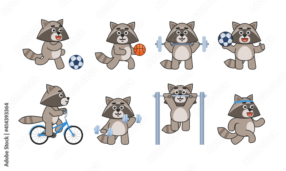 Set of raccoon characters doing various sports. Cute raccoon mascot ...