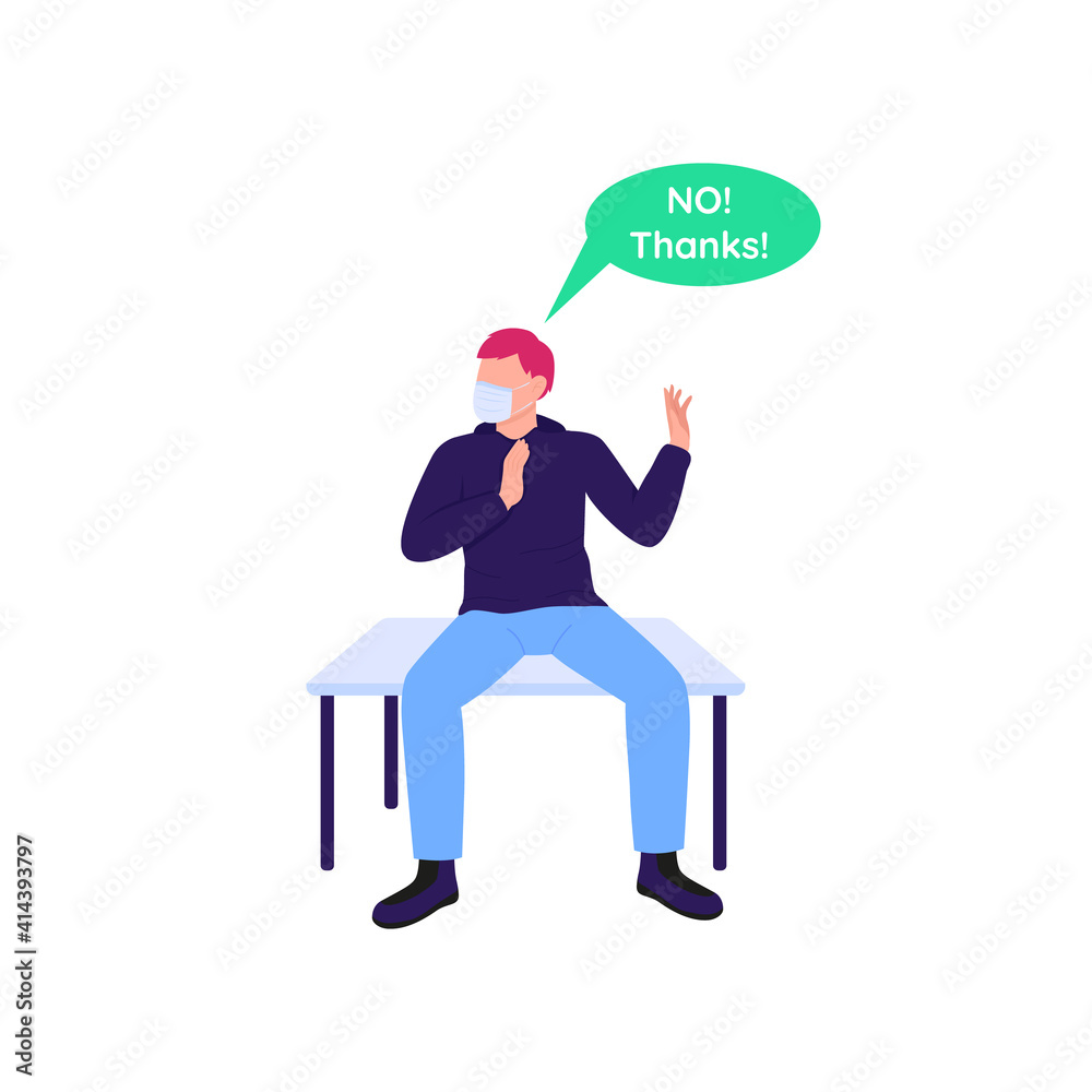 Anti vax man flat color vector faceless character. Patient in face mask ...