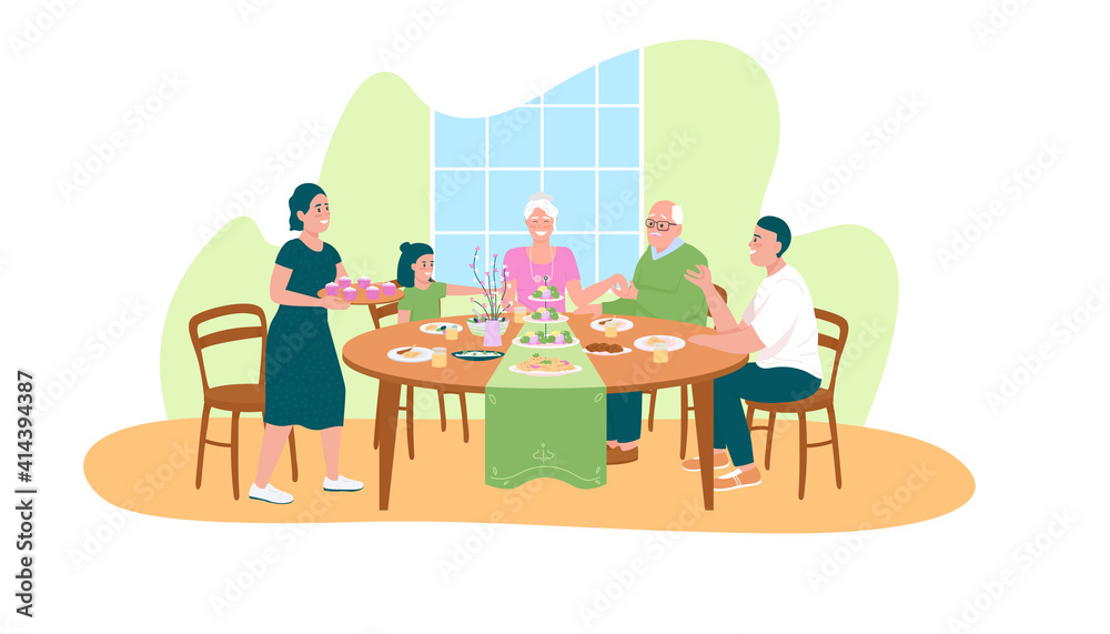 Traditional easter dinner 2D vector web banner, poster. Generations of ...