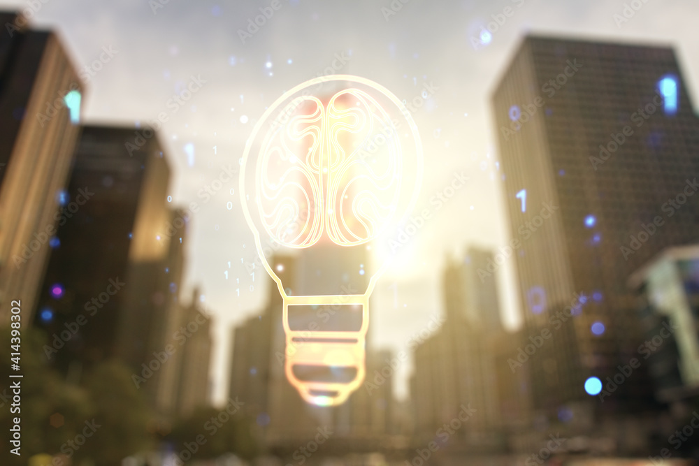 Abstract virtual idea concept with light bulb and human brain ...