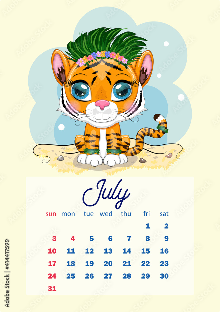 Cute Tiger Wall Calendar Template for 2022, Year of the Tiger, Chinese ...