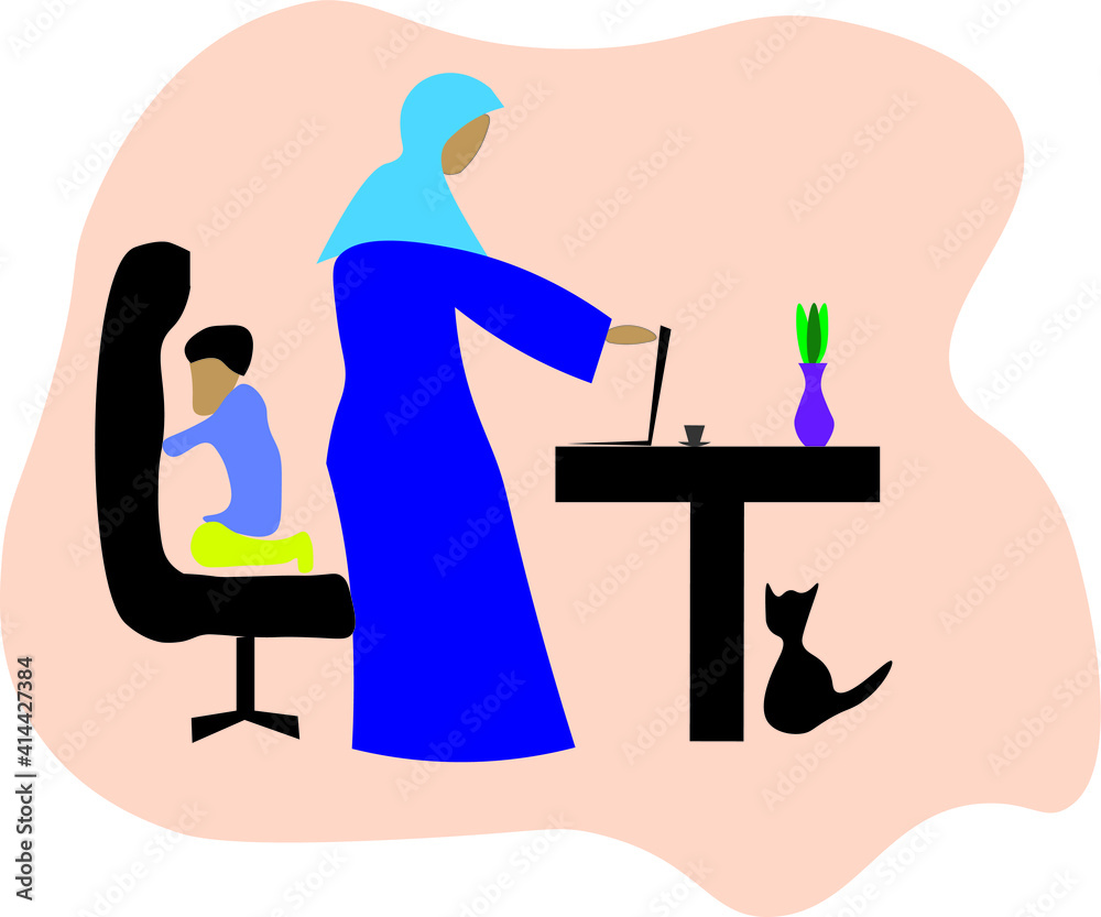 Vector illustration of Muslim woman and kid working from home Stock ...