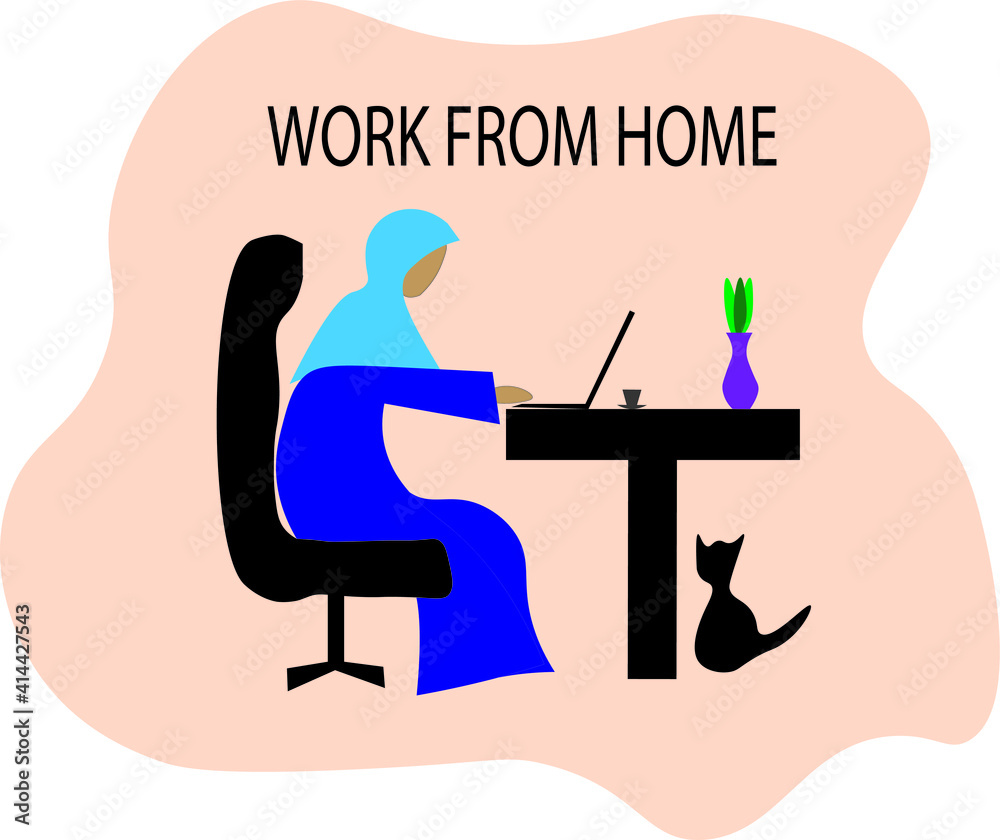 Vector illustration of Muslim woman and kid working from home Stock ...