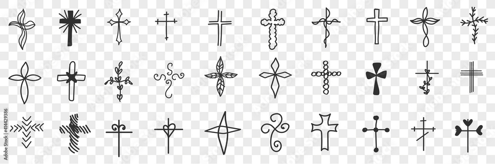 Crosses of various shapes doodle set. Collection of hand drawn ...