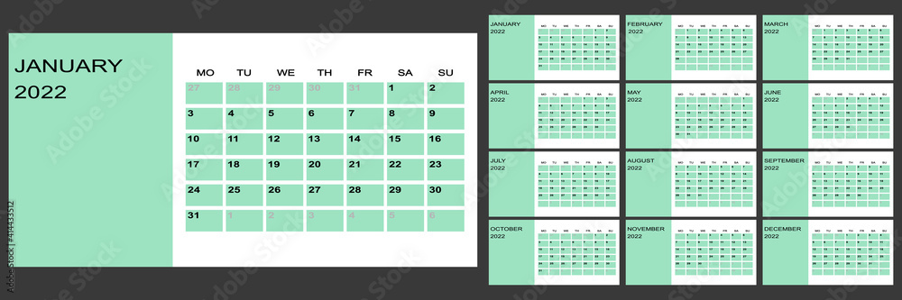 Calendar 2022 yearly. Week starts on Monday. Vector illustration. Stock ...
