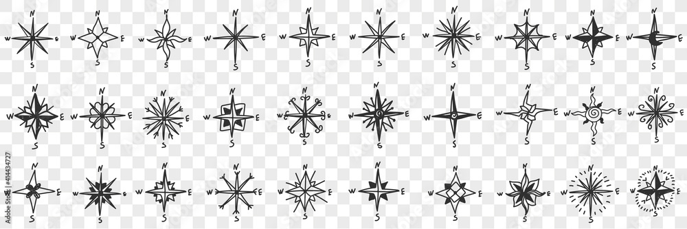 Cardinal points on compass doodle set. Collection of hand drawn ...