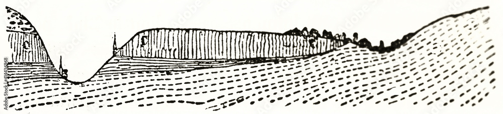 Old horizontal oriented schematic illustration depicting Earth's crust ...