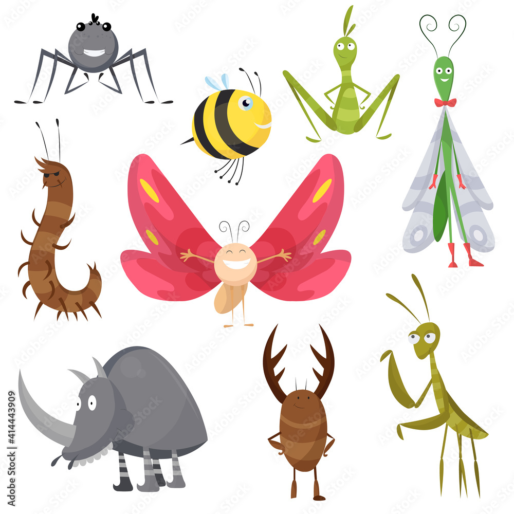 Set of funny cartoon insects isolated on white. bee, butterfly, spider ...