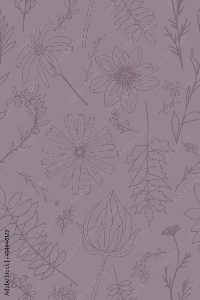 Silky floral pattern in purple faded shades. Seamless hand-drawn lines ...