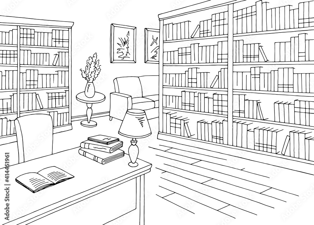 Library interior graphic black white sketch illustration vector Stock ...