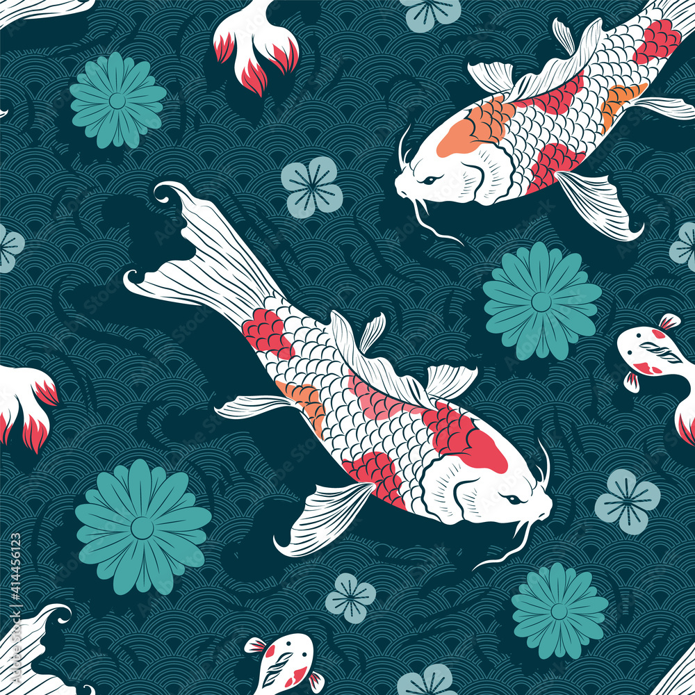 Seamless Art Japanese Repeat Pattern Swimming KOI Carp Fish and Little ...