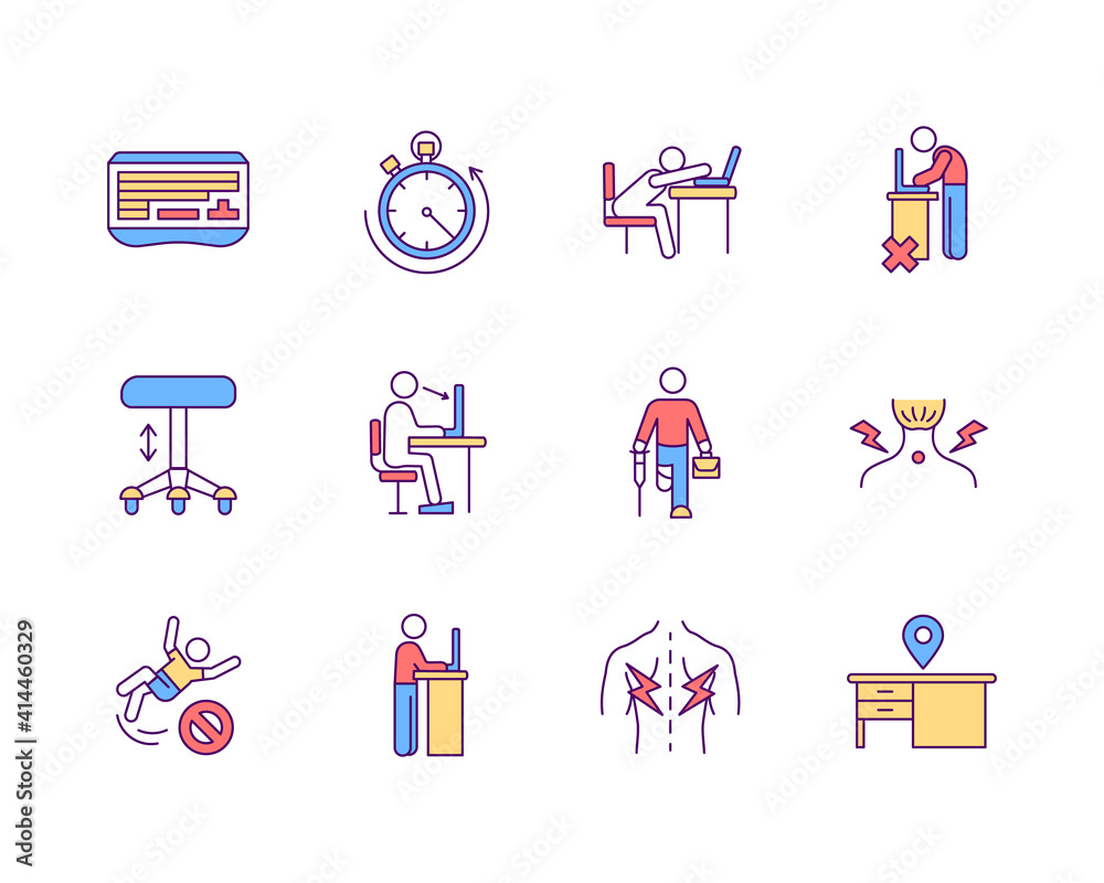 Ergonomics in workplace RGB color icons set. Sedentary work environment ...