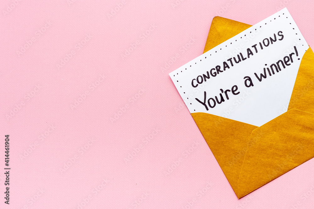Golden envelope with award card Congratulations You are a winner ...