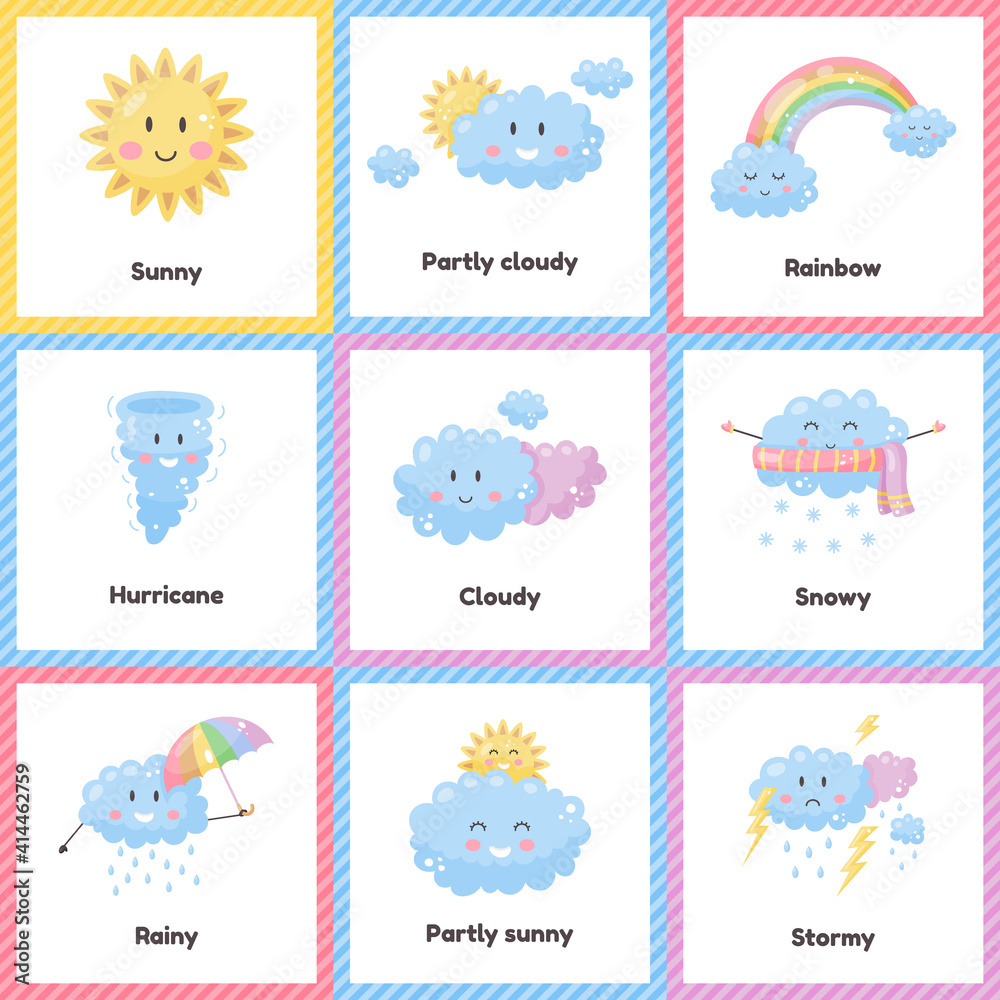 Set cute weather for kids. Sunny, cloudy, rainbow, rainy, snowy, stormy ...
